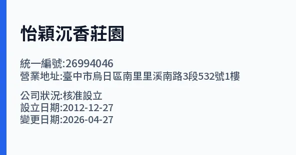 怡穎沉香莊園的照片-統編 26994046(臺中市) 公司登記資料與營業項目詳細圖表