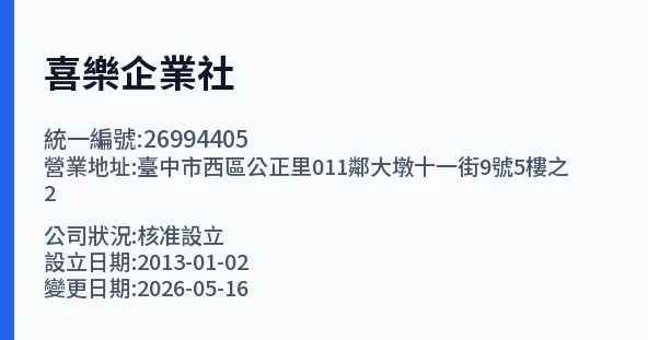 喜樂企業社的照片-統編 26994405(臺中市) 公司登記資料與營業項目詳細圖表