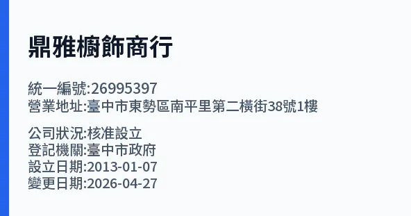 鼎雅櫥飾商行的照片-統編 26995397(臺中市) 公司登記資料與營業項目詳細圖表