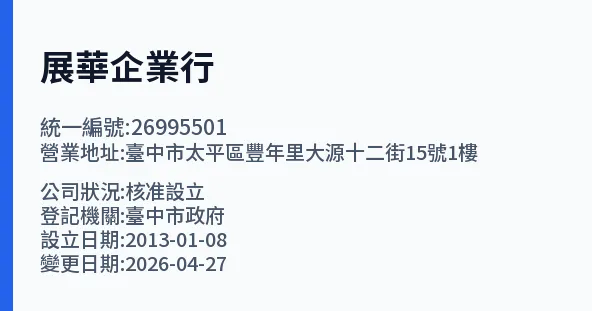 展華企業行的照片-統編 26995501(臺中市) 公司登記資料與營業項目詳細圖表