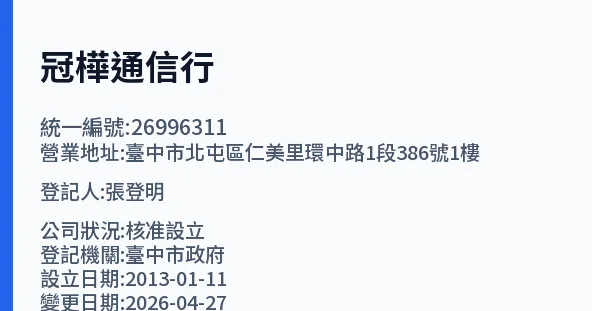 冠樺通信行的照片-統編 26996311(臺中市) 公司登記資料與營業項目詳細圖表
