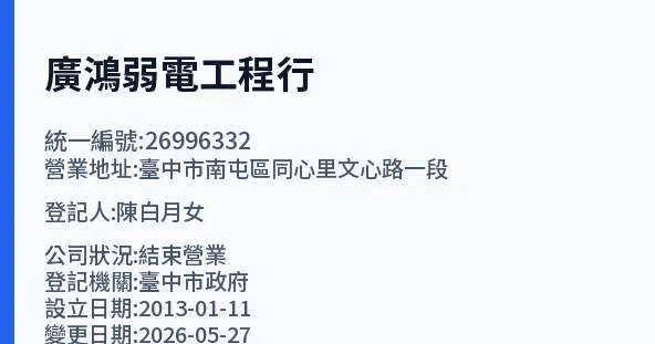 廣鴻弱電工程行的照片-統編 26996332(臺中市) 公司登記資料與營業項目詳細圖表