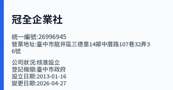 冠全企業社的照片-統編 26996945(臺中市) 公司登記資料與營業項目詳細圖表