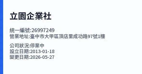 立園企業社的照片-統編 26997249(臺中市) 公司登記資料與營業項目詳細圖表