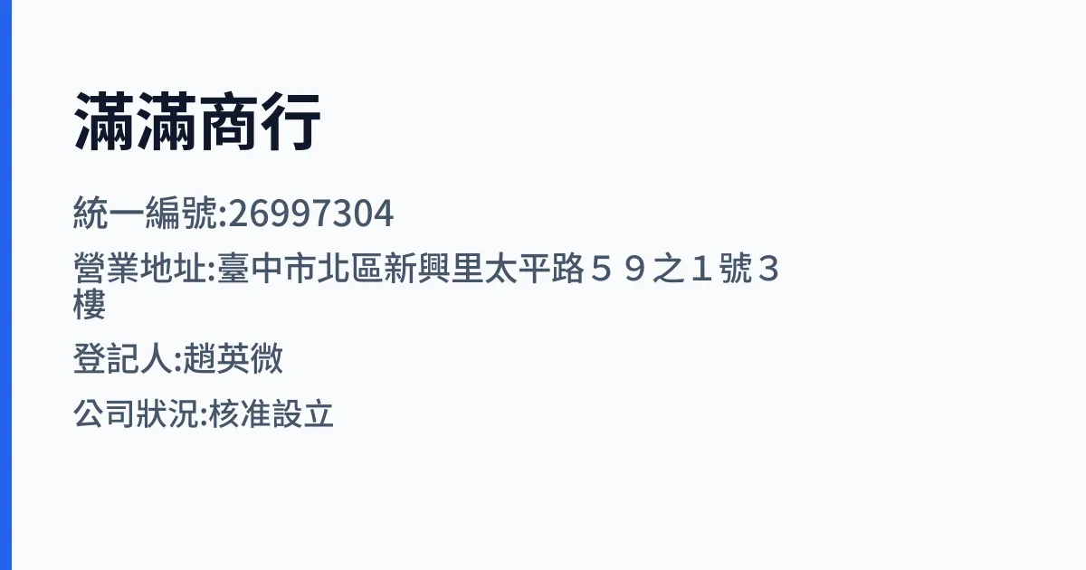 滿滿商行 - 統編 26997304(臺中市) 公司登記資料與營業項目詳細圖表