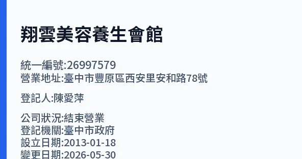 翔雲美容養生會館的照片-統編 26997579(臺中市) 公司登記資料與營業項目詳細圖表