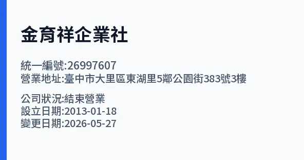 金育祥企業社的照片-統編 26997607(臺中市) 公司登記資料與營業項目詳細圖表
