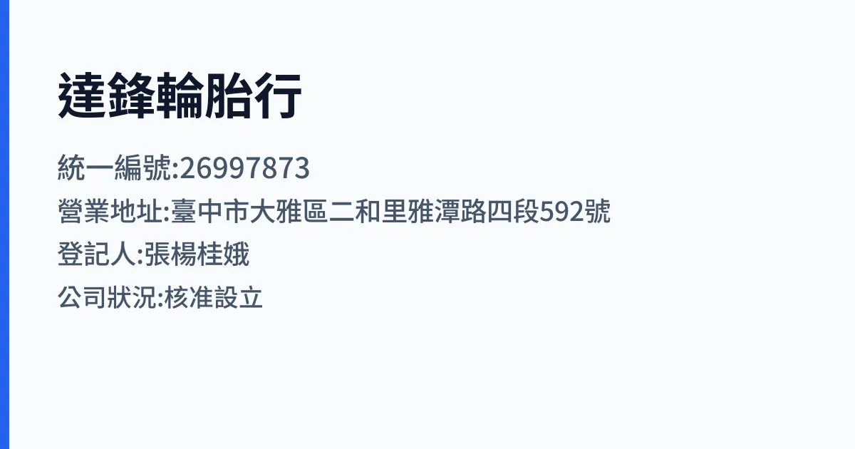 達鋒輪胎行 - 統編 26997873(臺中市) 公司登記資料與營業項目詳細圖表