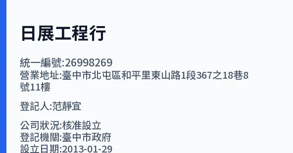 日展工程行的照片-統編 26998269(臺中市) 公司登記資料與營業項目詳細圖表