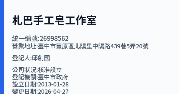 札巴手工皂工作室的照片-統編 26998562(臺中市) 公司登記資料與營業項目詳細圖表