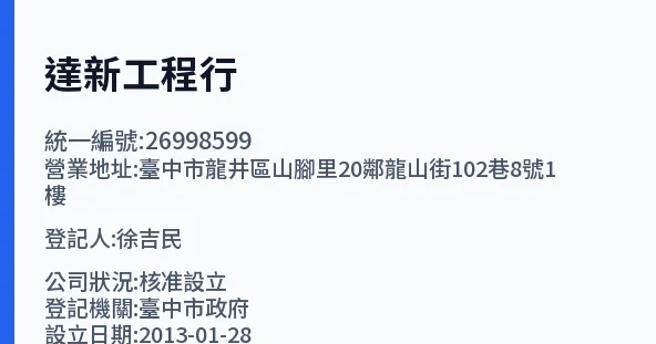 達新工程行的照片-統編 26998599(臺中市) 公司登記資料與營業項目詳細圖表
