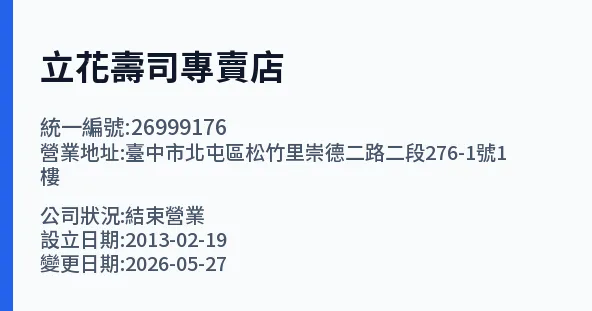 立花壽司專賣店的照片-統編 26999176(臺中市) 公司登記資料與營業項目詳細圖表