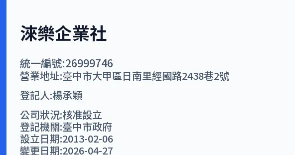 淶樂企業社的照片-統編 26999746(臺中市) 公司登記資料與營業項目詳細圖表