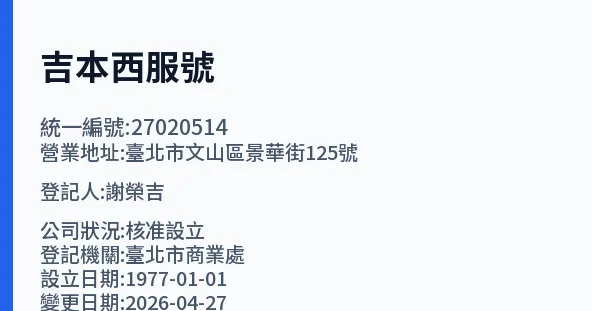 吉本西服號的照片-統編 27020514(臺北市) 公司登記資料與營業項目詳細圖表