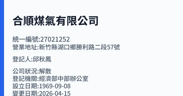 合順煤氣有限公司的照片-統編 27021252(新竹縣) 公司登記資料與營業項目詳細圖表