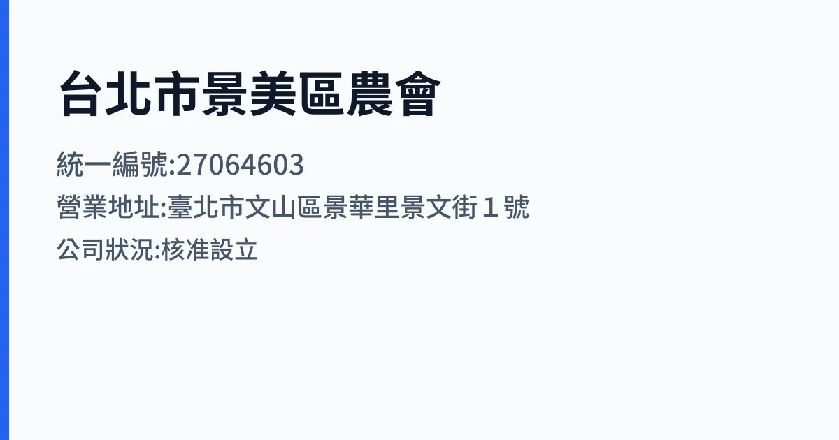 台北市景美區農會 - 統編 27064603(臺北市) 公司登記資料與營業項目詳細圖表