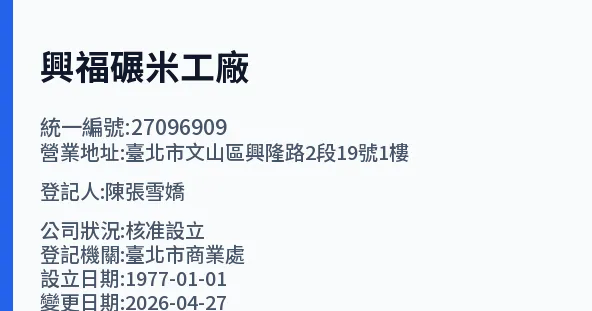 興福碾米工廠的照片-統編 27096909(臺北市) 公司登記資料與營業項目詳細圖表