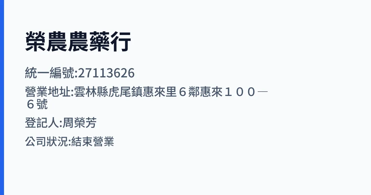 榮農農藥行 - 統編 27113626(雲林縣) 公司登記資料與營業項目詳細圖表
