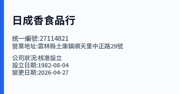 日成香食品行的照片-統編 27114821(雲林縣) 公司登記資料與營業項目詳細圖表