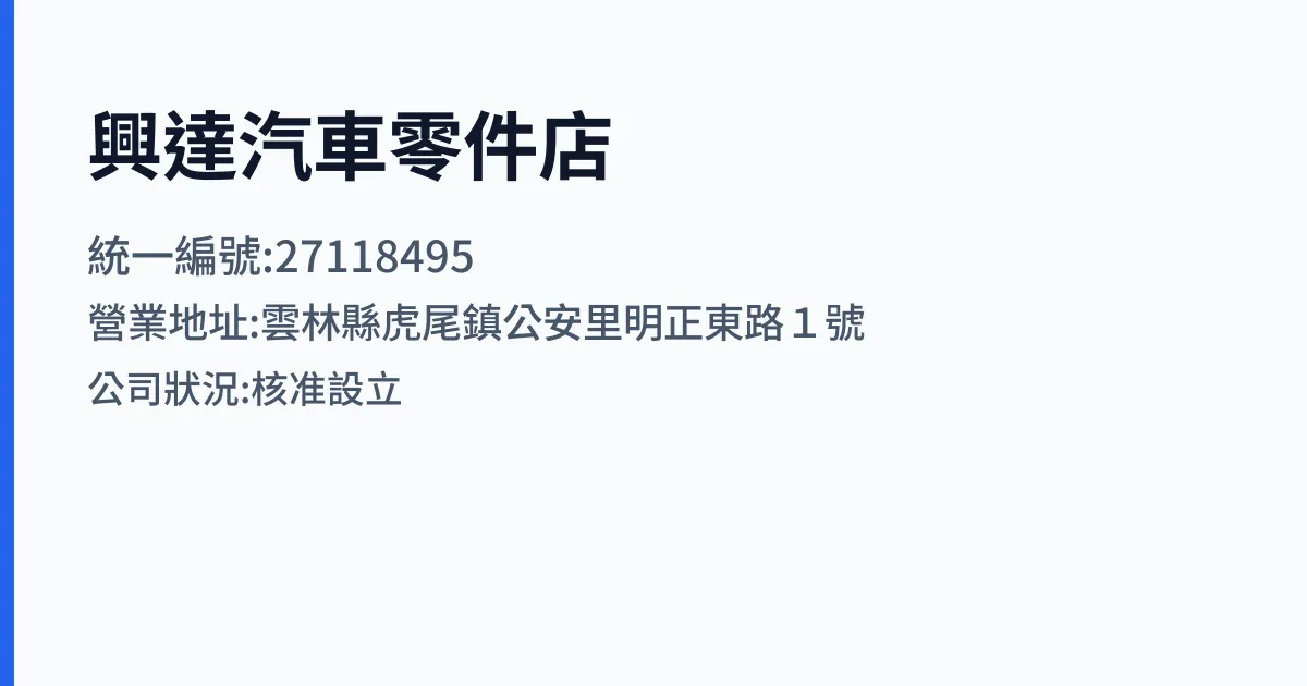 興達汽車零件店 - 統編 27118495(雲林縣) 公司登記資料與營業項目詳細圖表