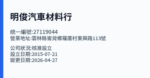 明俊汽車材料行的照片-統編 27119044(雲林縣) 公司登記資料與營業項目詳細圖表