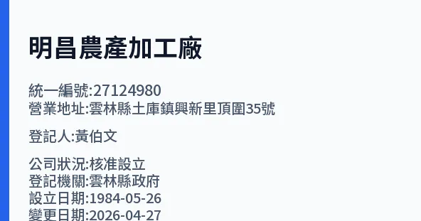 明昌農產加工廠的照片-統編 27124980(雲林縣) 公司登記資料與營業項目詳細圖表