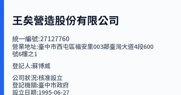 王矣營造股份有限公司的照片-統編 27127760(臺中市) 公司登記資料與營業項目詳細圖表