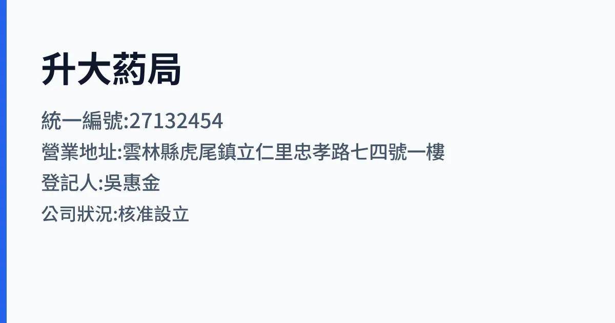 升大葯局 - 統編 27132454(雲林縣) 公司登記資料與營業項目詳細圖表