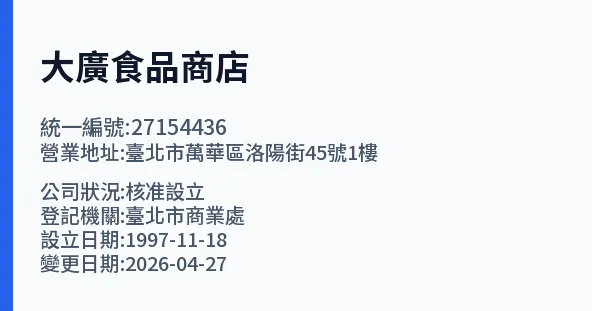 大廣食品商店的照片-統編 27154436(臺北市) 公司登記資料與營業項目詳細圖表