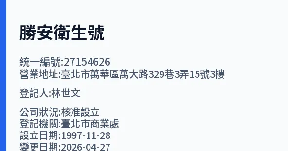 勝安衛生號的照片-統編 27154626(臺北市) 公司登記資料與營業項目詳細圖表
