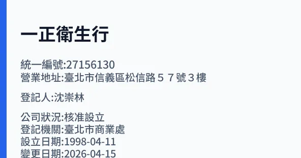 一正衛生行的照片-統編 27156130(臺北市) 公司登記資料與營業項目詳細圖表