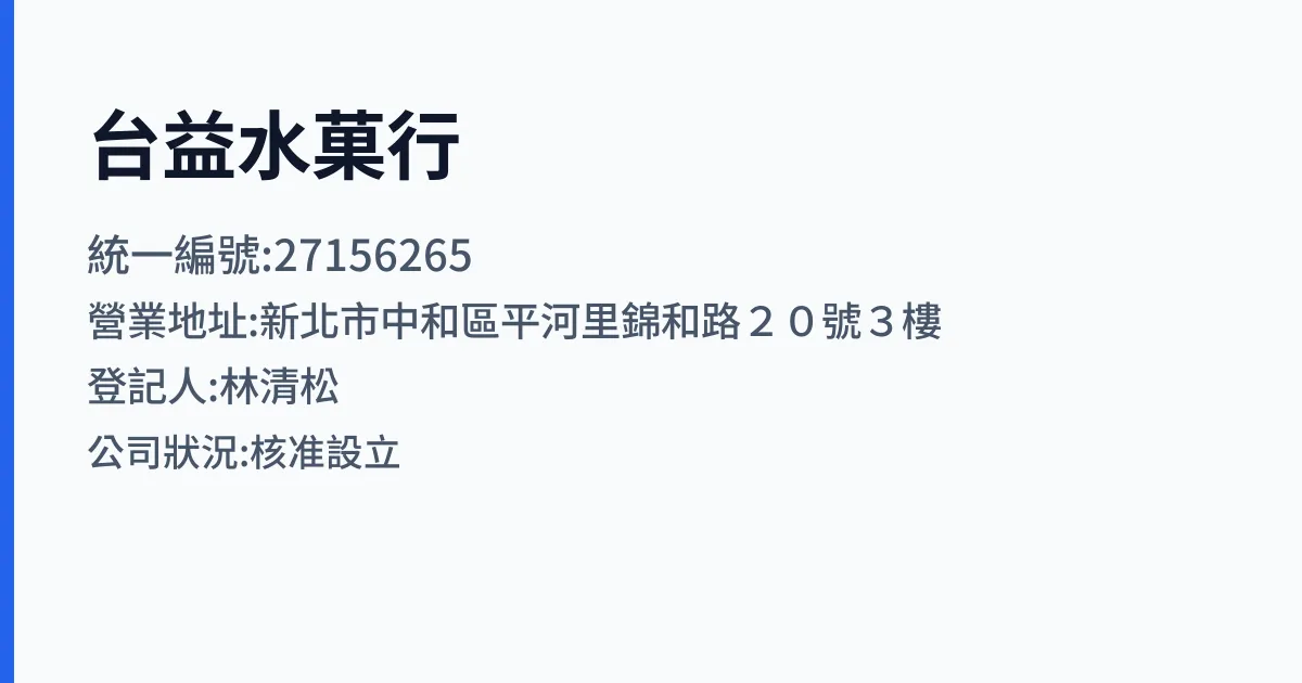 台益水菓行 - 統編 27156265(臺北市) 公司登記資料與營業項目詳細圖表
