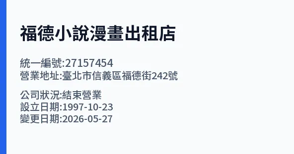 福德小說漫畫出租店的照片-統編 27157454(臺北市) 公司登記資料與營業項目詳細圖表