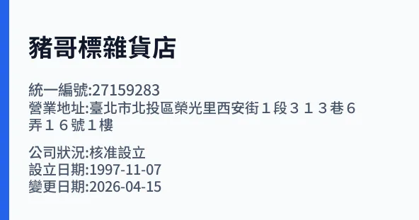 豬哥標雜貨店的照片-統編 27159283(臺北市) 公司登記資料與營業項目詳細圖表
