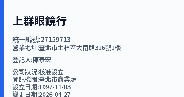 上群眼鏡行的照片-統編 27159713(臺北市) 公司登記資料與營業項目詳細圖表