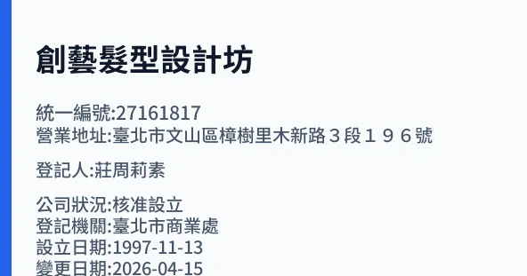 創藝髮型設計坊的照片-統編 27161817(臺北市) 公司登記資料與營業項目詳細圖表