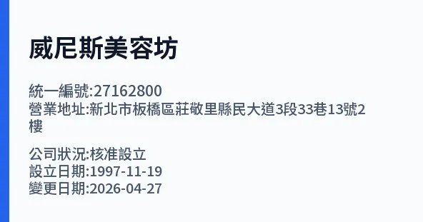 威尼斯美容坊的照片-統編 27162800(新北市) 公司登記資料與營業項目詳細圖表