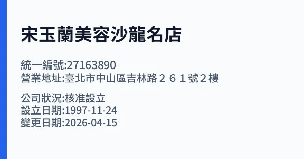 宋玉蘭美容沙龍名店的照片-統編 27163890(臺北市) 公司登記資料與營業項目詳細圖表