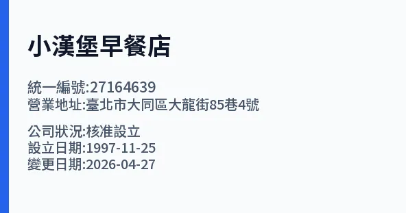 小漢堡早餐店的照片-統編 27164639(臺北市) 公司登記資料與營業項目詳細圖表