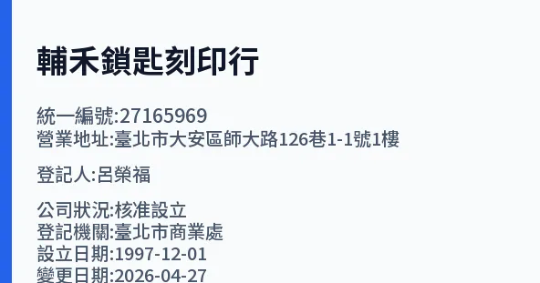 輔禾鎖匙刻印行的照片-統編 27165969(臺北市) 公司登記資料與營業項目詳細圖表