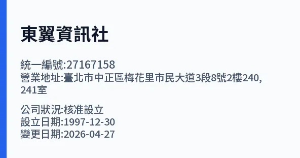 東翼資訊社的照片-統編 27167158(臺北市) 公司登記資料與營業項目詳細圖表