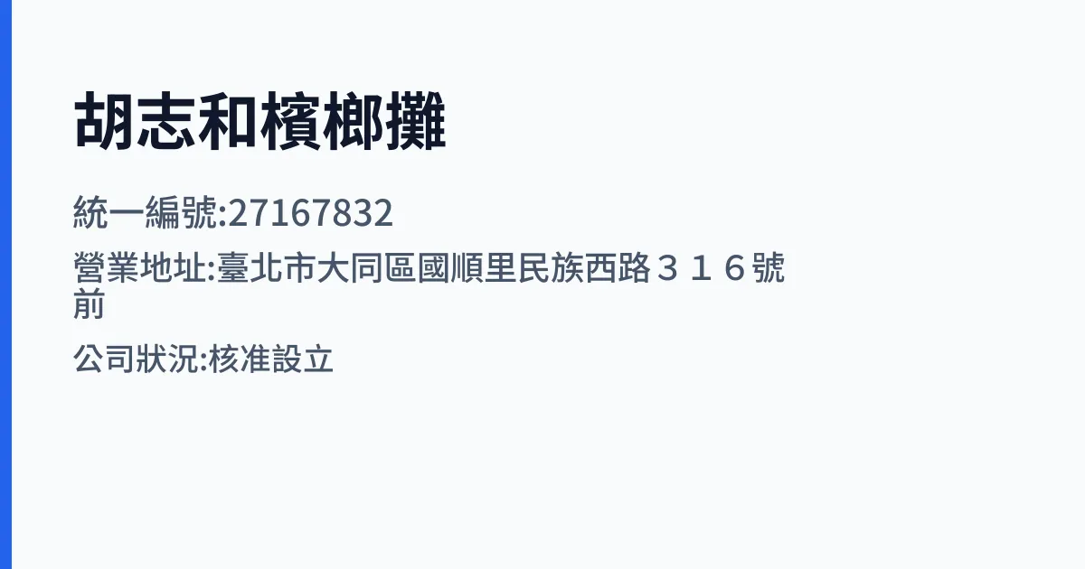 胡志和檳榔攤 - 統編 27167832(臺北市) 公司登記資料與營業項目詳細圖表