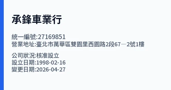 承鋒車業行的照片-統編 27169851(臺北市) 公司登記資料與營業項目詳細圖表