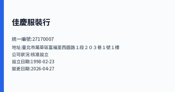 佳慶服裝行的照片-統編 27170007(臺北市) 公司登記資料與營業項目詳細圖表
