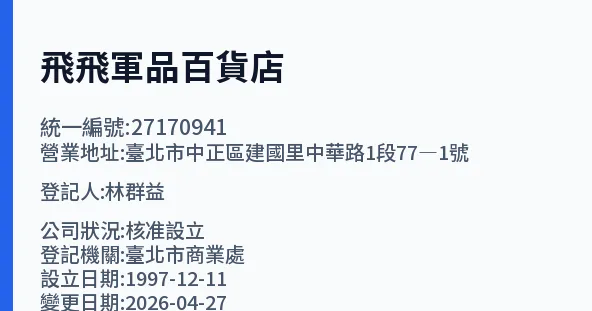 飛飛軍品百貨店的照片-統編 27170941(臺北市) 公司登記資料與營業項目詳細圖表