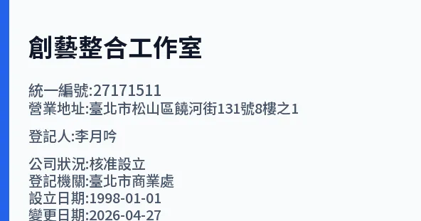 創藝整合工作室的照片-統編 27171511(臺北市) 公司登記資料與營業項目詳細圖表