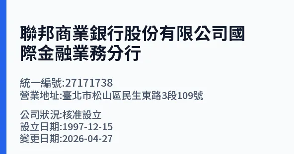 聯邦商業銀行股份有限公司國際金融業務分行的照片-統編 27171738(臺北市) 公司登記資料與營業項目詳細圖表