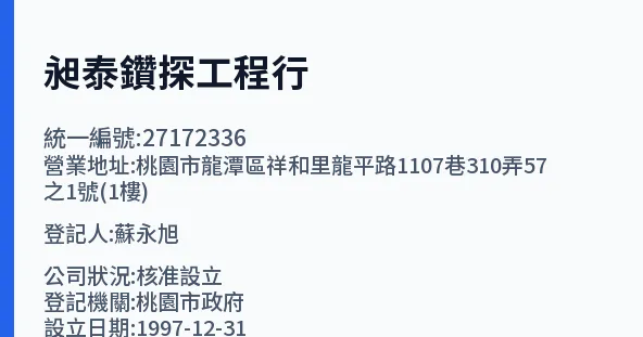 昶泰鑽探工程行的照片-統編 27172336(桃園市) 公司登記資料與營業項目詳細圖表