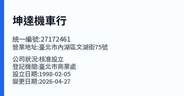 坤達機車行的照片-統編 27172461(臺北市) 公司登記資料與營業項目詳細圖表