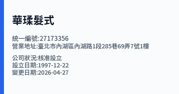 華瑈髮式的照片-統編 27173356(臺北市) 公司登記資料與營業項目詳細圖表